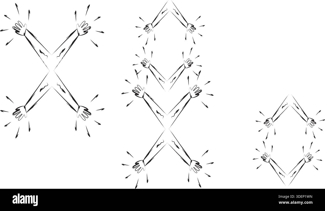 Several hand with black outline connected each-other on white ...