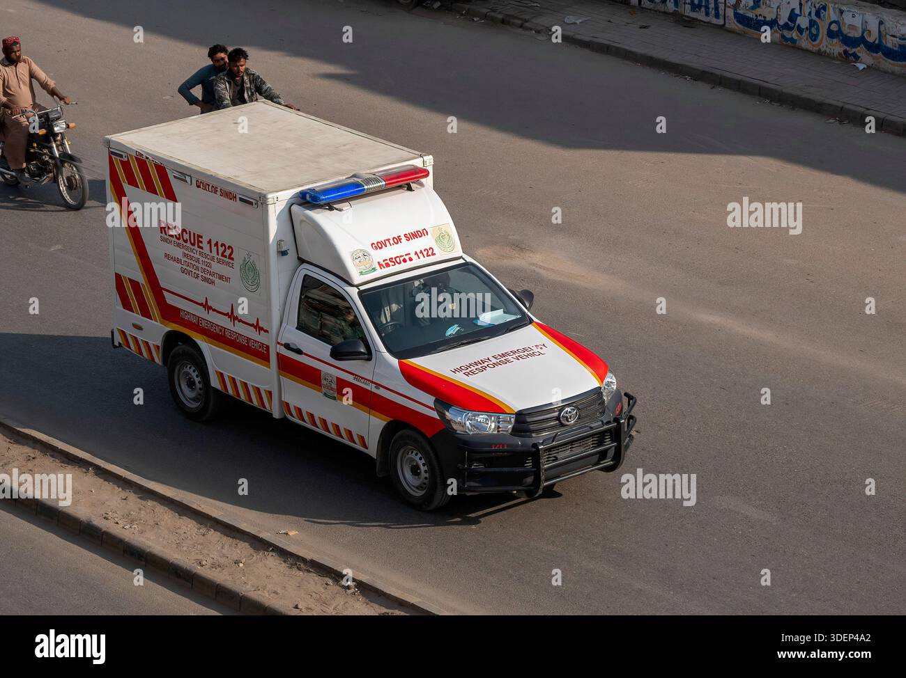 Karachi, Pakistan - December 18, 2025: An rescue service ambulance 1122 ...