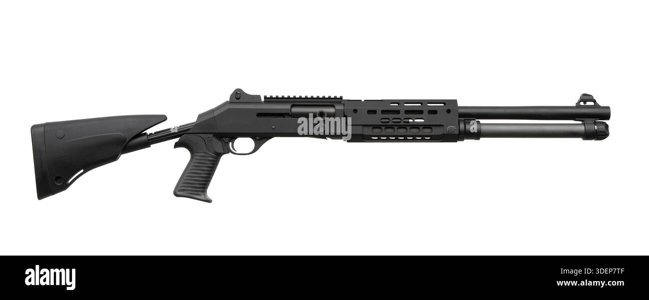 Modern semi-auto shotgun with tactical rail and collapsible stock on ...