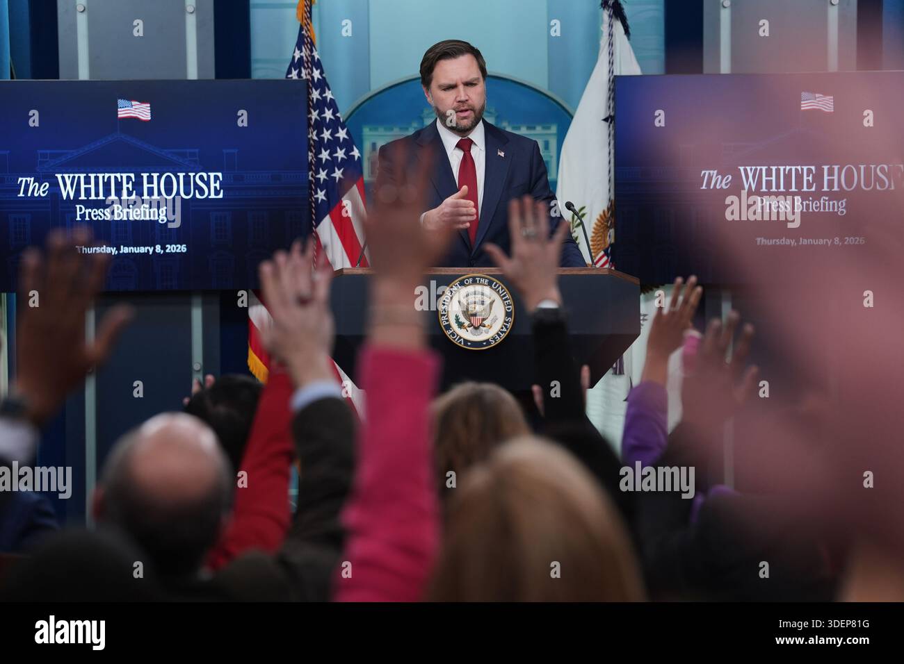 Vice President JD Vance speaks during a briefing at the White House ...