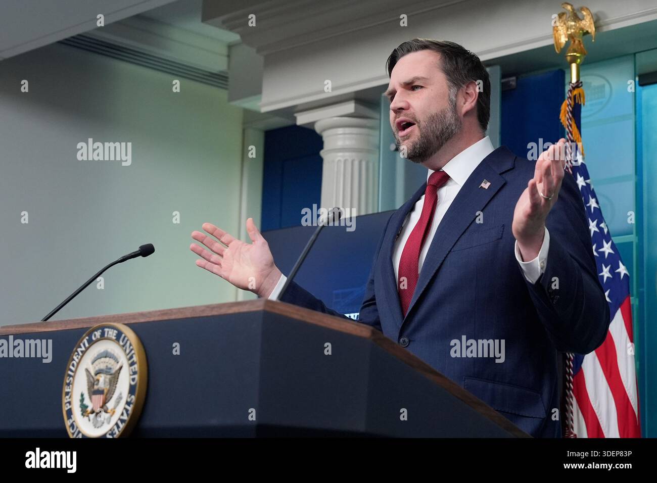 Vice President JD Vance speaks with reporters in the James Brady Press ...
