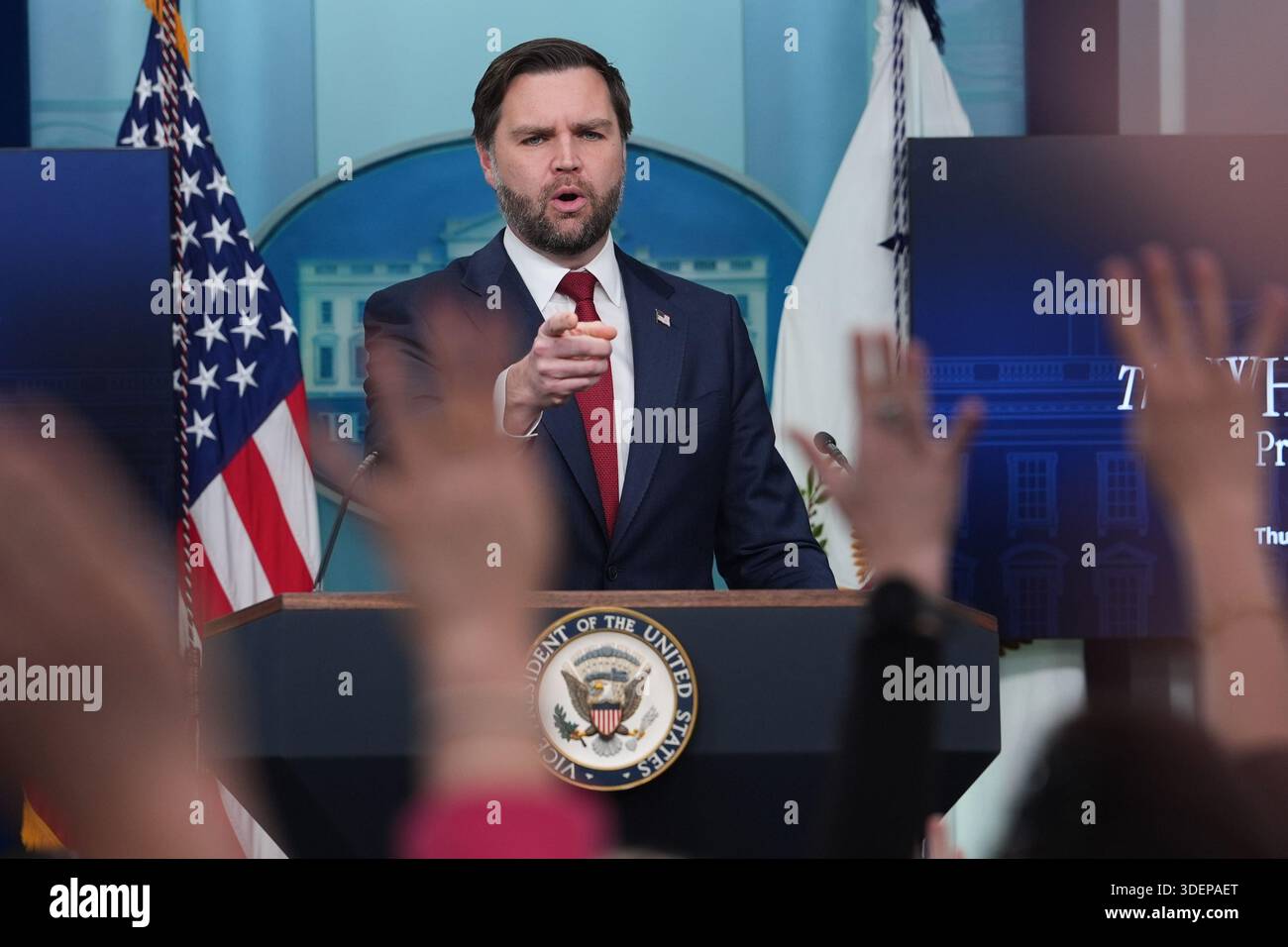 Vice President JD Vance speaks during a briefing at the White House ...