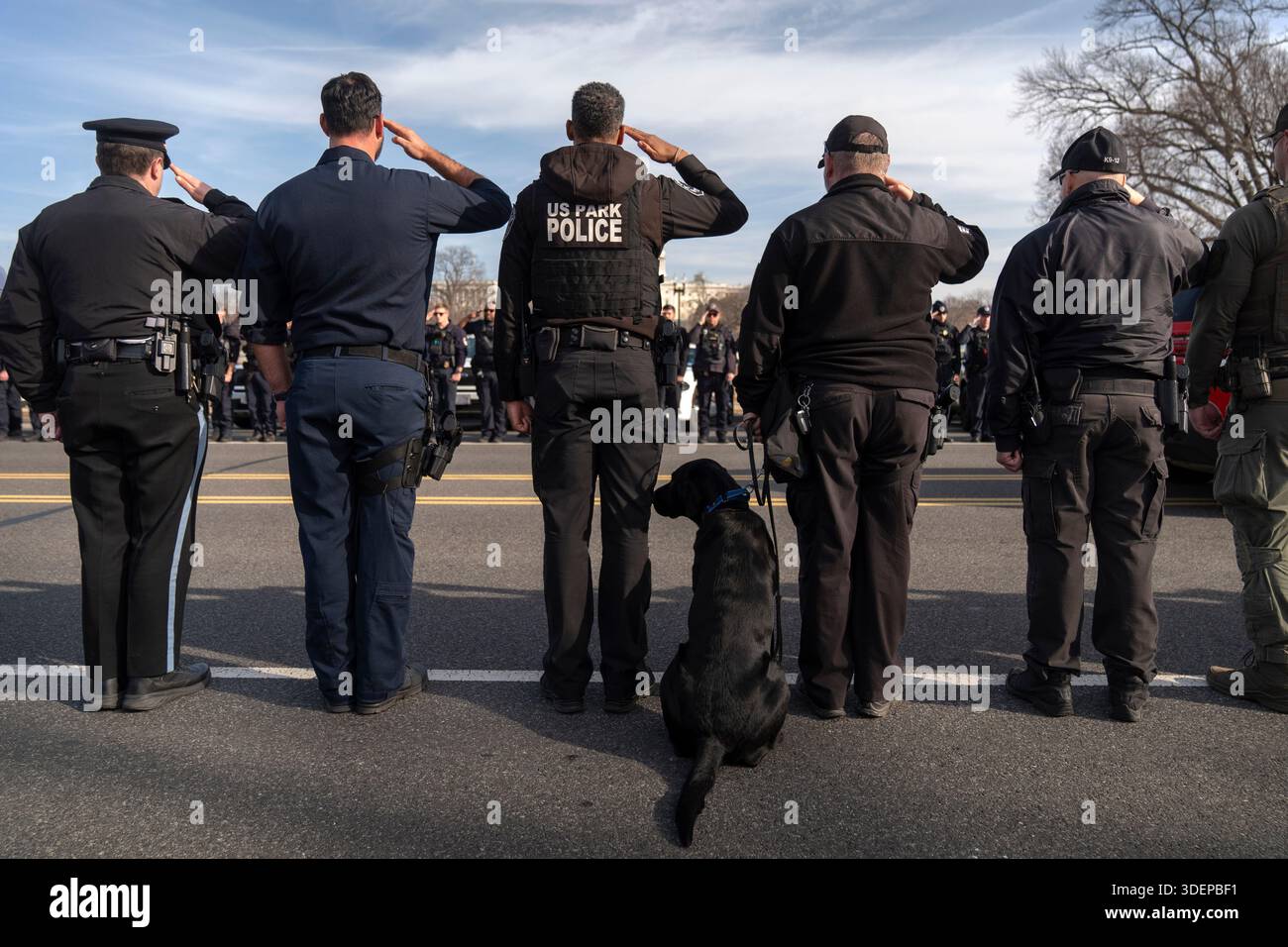 U.S. Park Police officers salute as a van carrying the body of ...