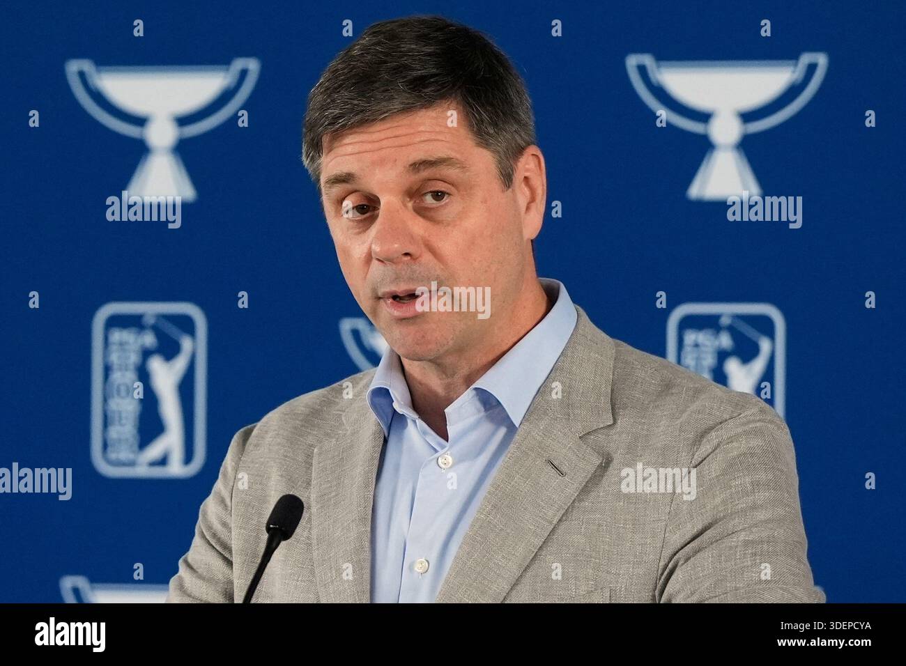 FILE - PGA Tour CEO Brian Rolapp speaks before a practice round of the ...
