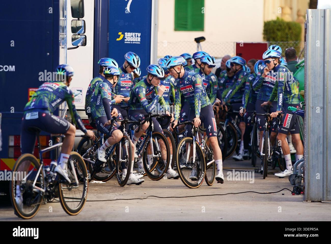 Calpe, Spain. 08th Jan, 2026. Soudal Quick-Step riders pictured ahead ...