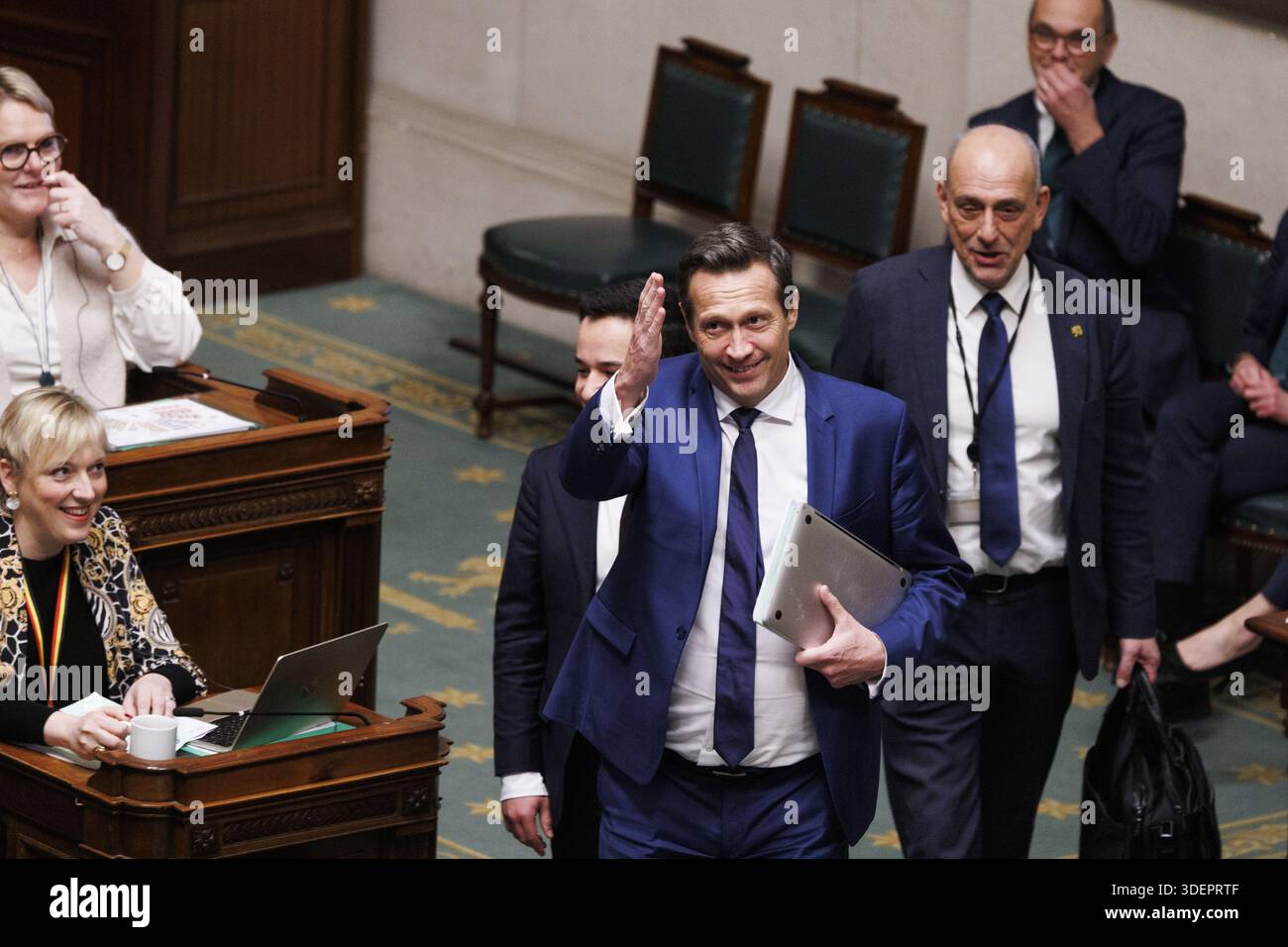 Les Engages' Michel De Maegd (C) arrives for a plenary session of the ...