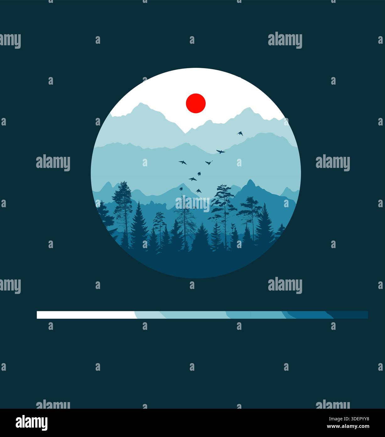 Panorama in a circle of mountain trees and red sun. Hand drawn. Not AI ...