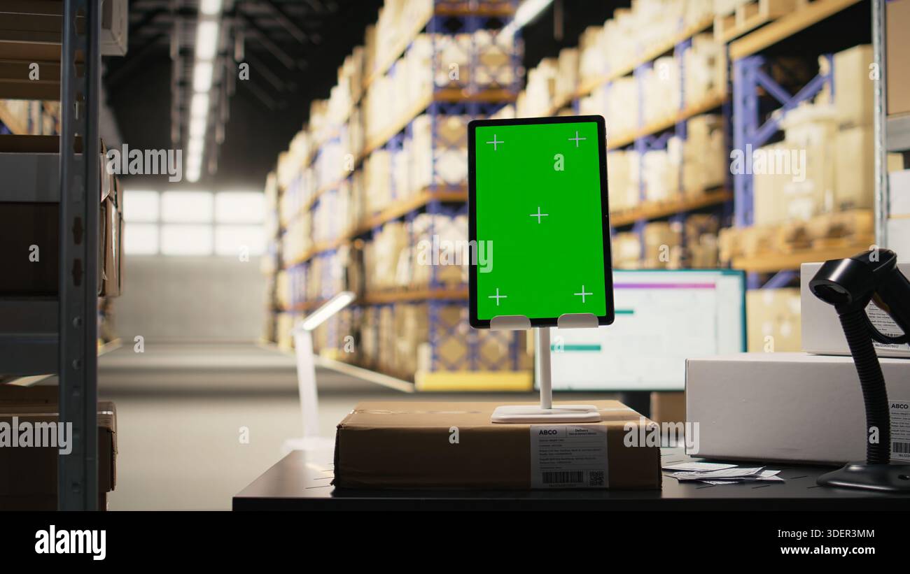 Order fulfillment modern desk with chroma key on a tablet in ...