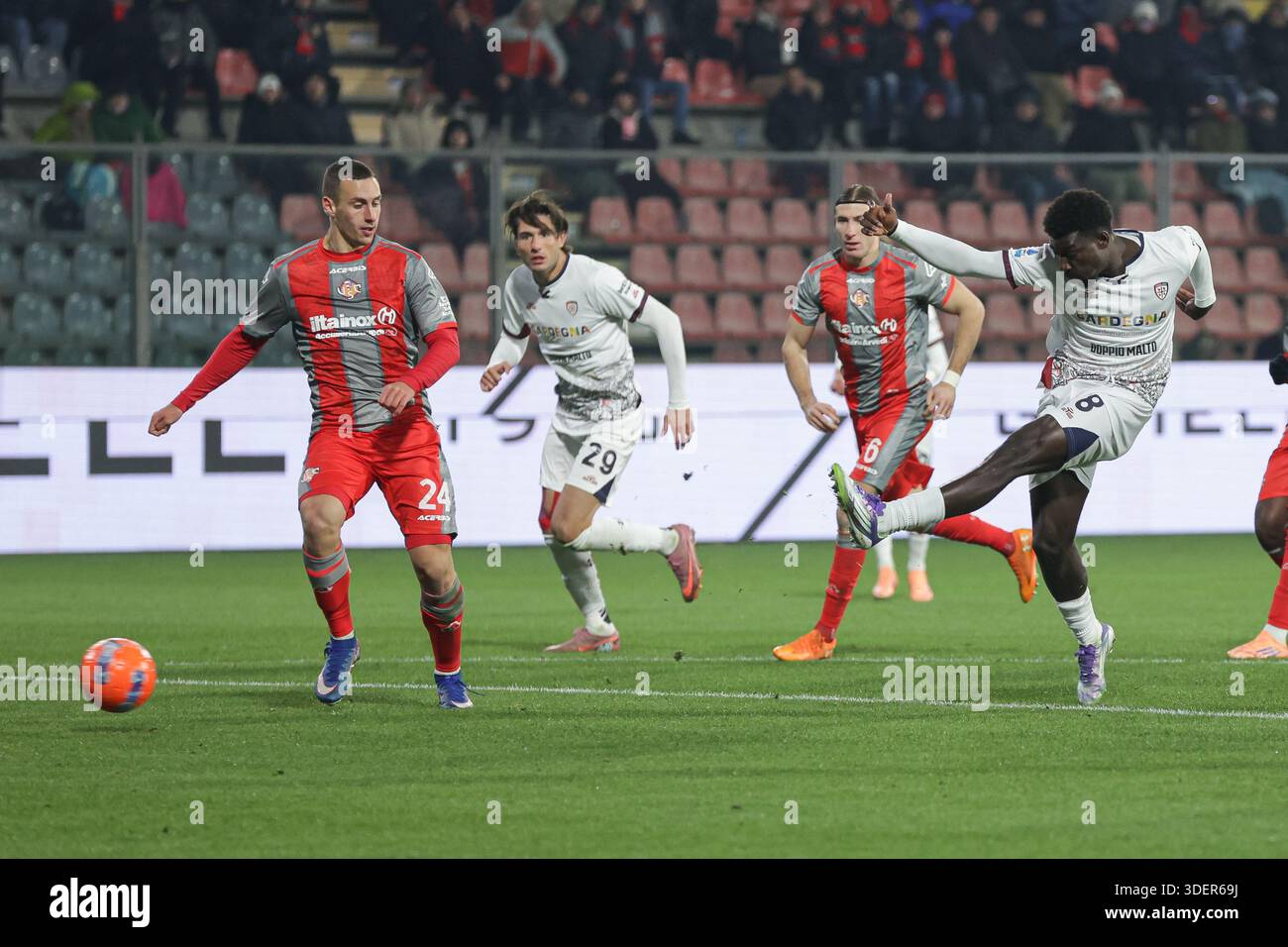Cremona, Italy. 8th, January 2026. Michel Adopo (8) of Cagliari scores ...