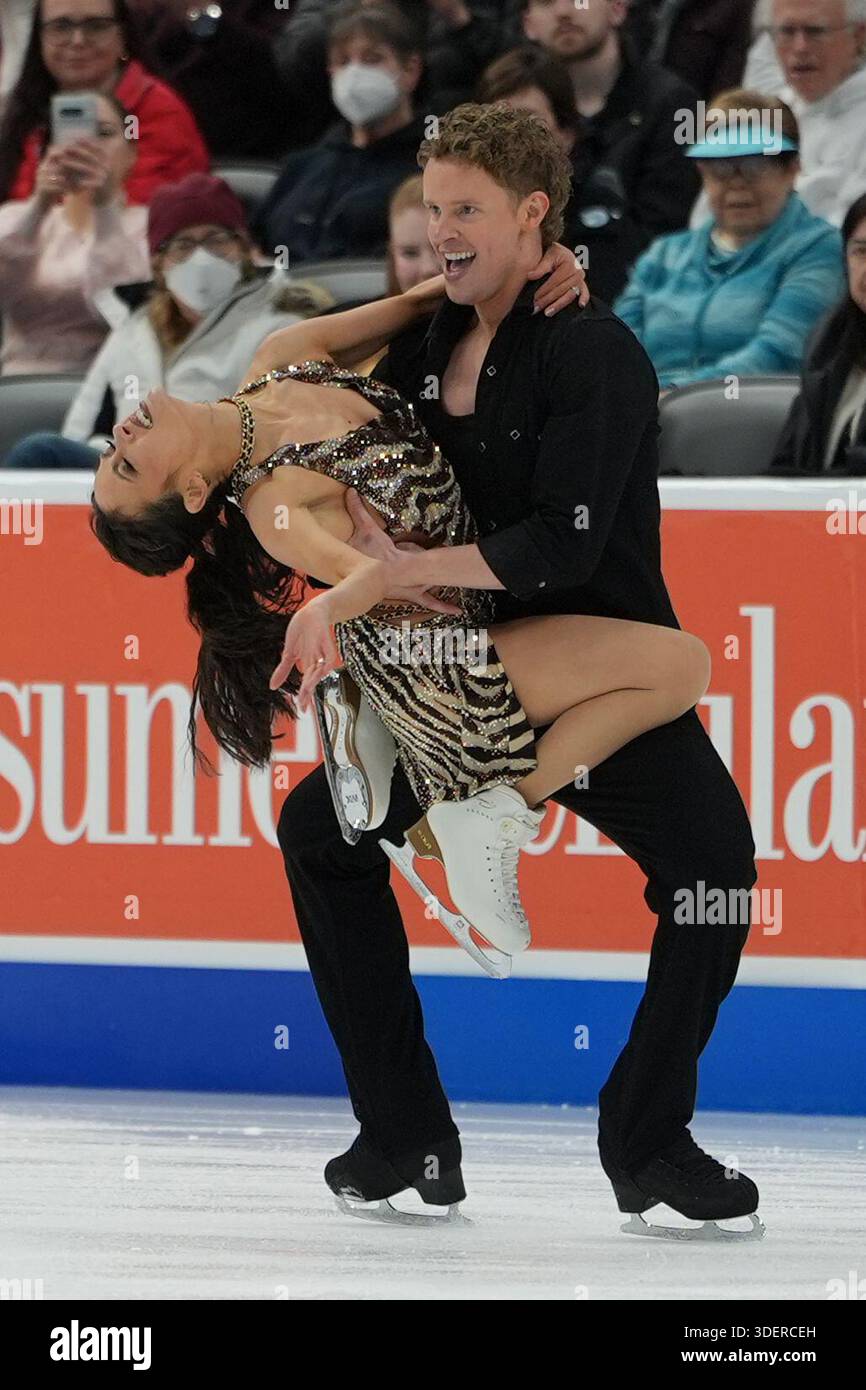 Madison Chock and Evan Bates compete during the ice dance competition ...