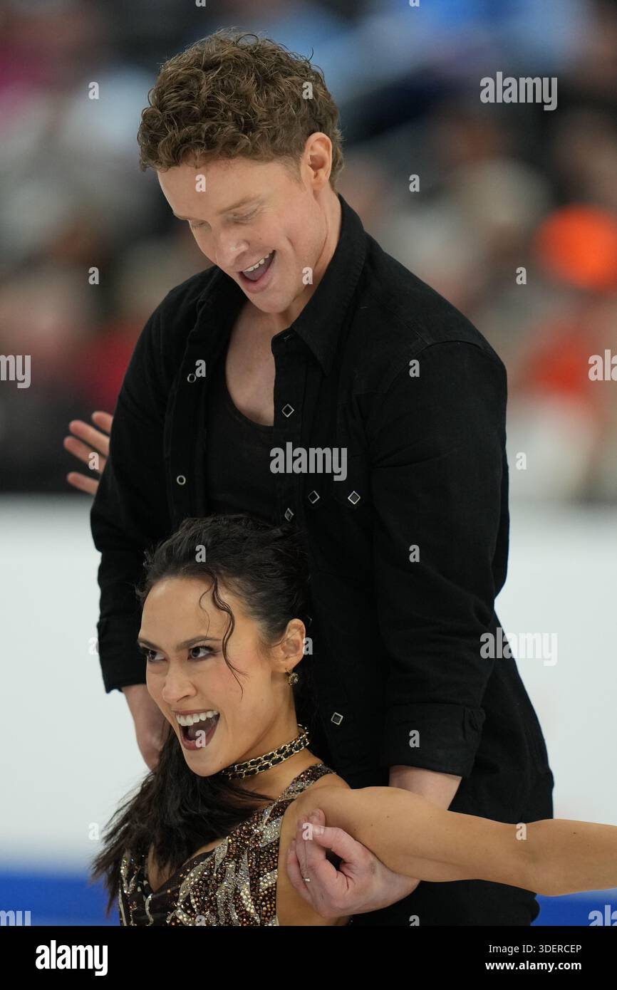 Madison Chock and Evan Bates compete during the ice dance competition ...