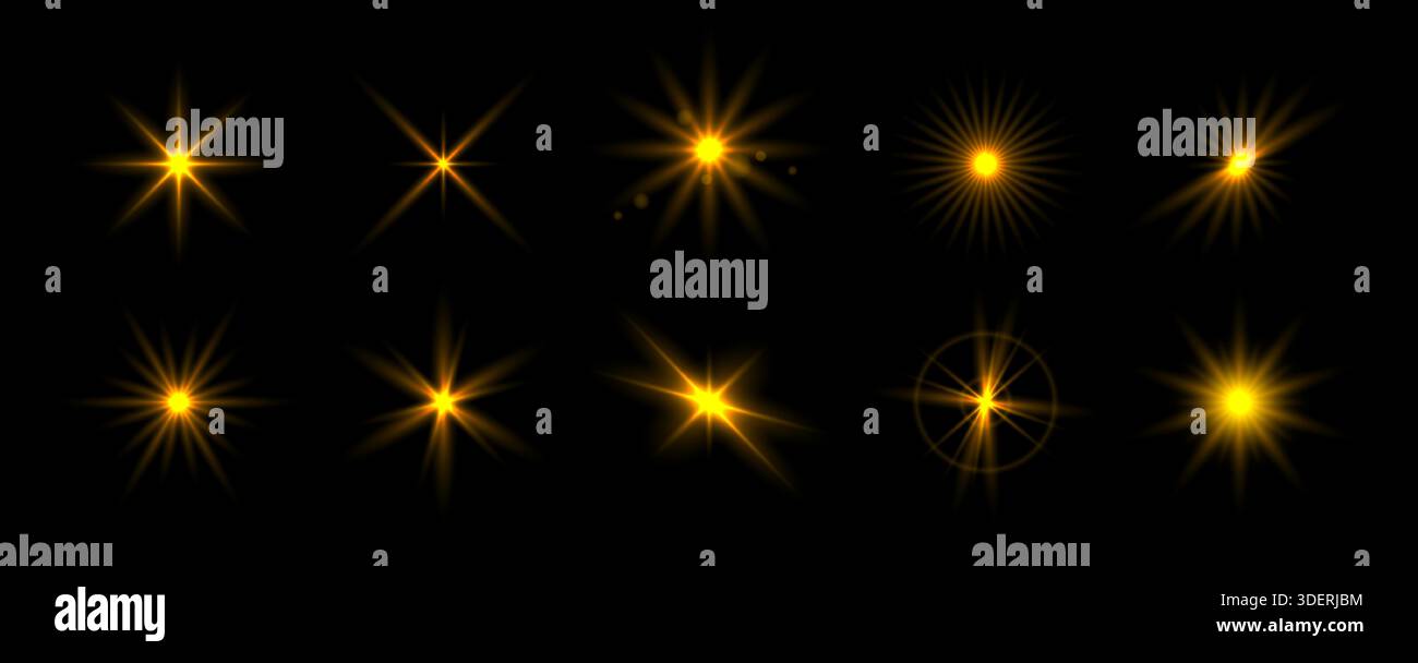 Gold glowing sparkle set. Shining light flare effect collection ...