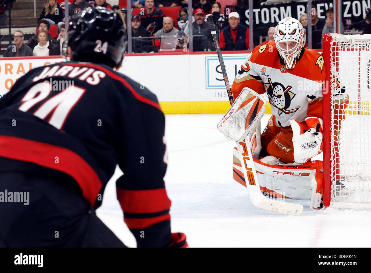 Anaheim Ducks goaltender Ville Husso (33) watches the puck controlled ...