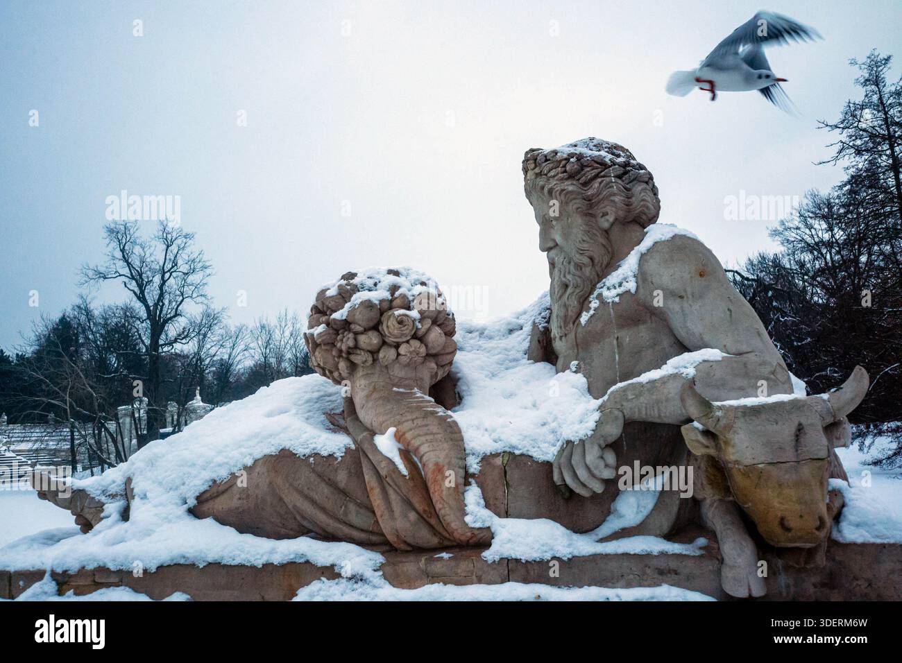 A bird flies over a snowy statue. Photographs of Warsaw's Royal Baths ...