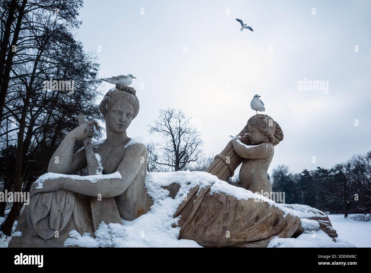 Birds rest on top of a snowy statue. Photographs of Warsaw's Royal ...