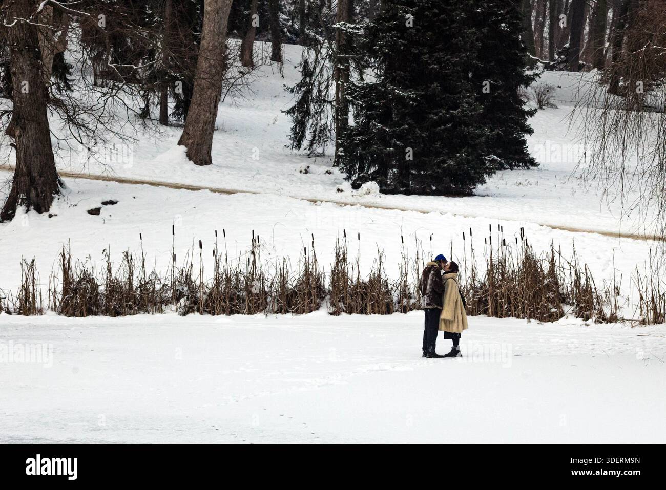A couple share a kiss on a frozen pond. Photographs of Warsaw's Royal ...