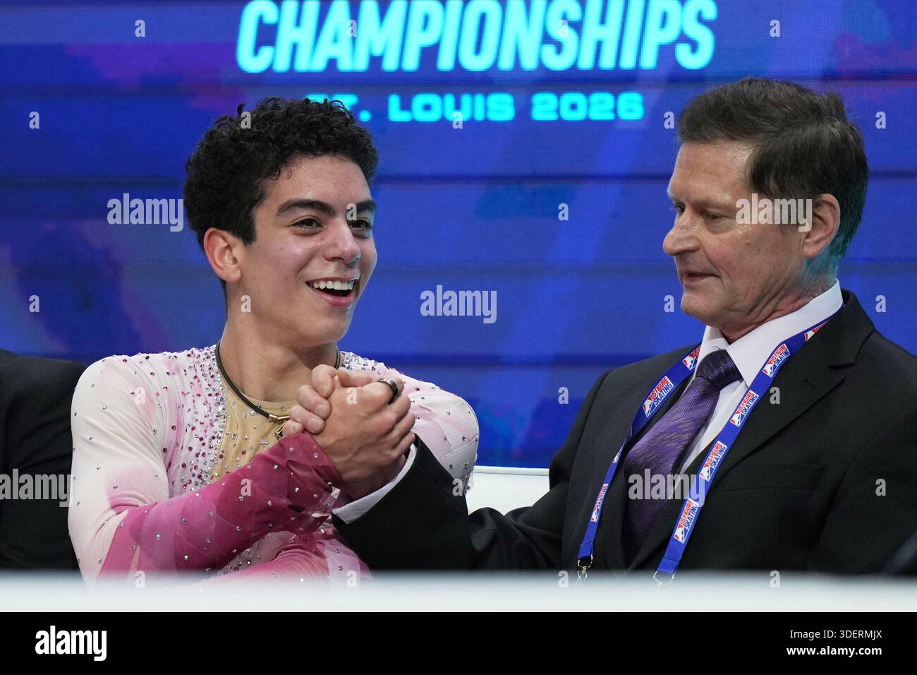 Jacob Sanchez reacts to his scores after competing during the men's ...