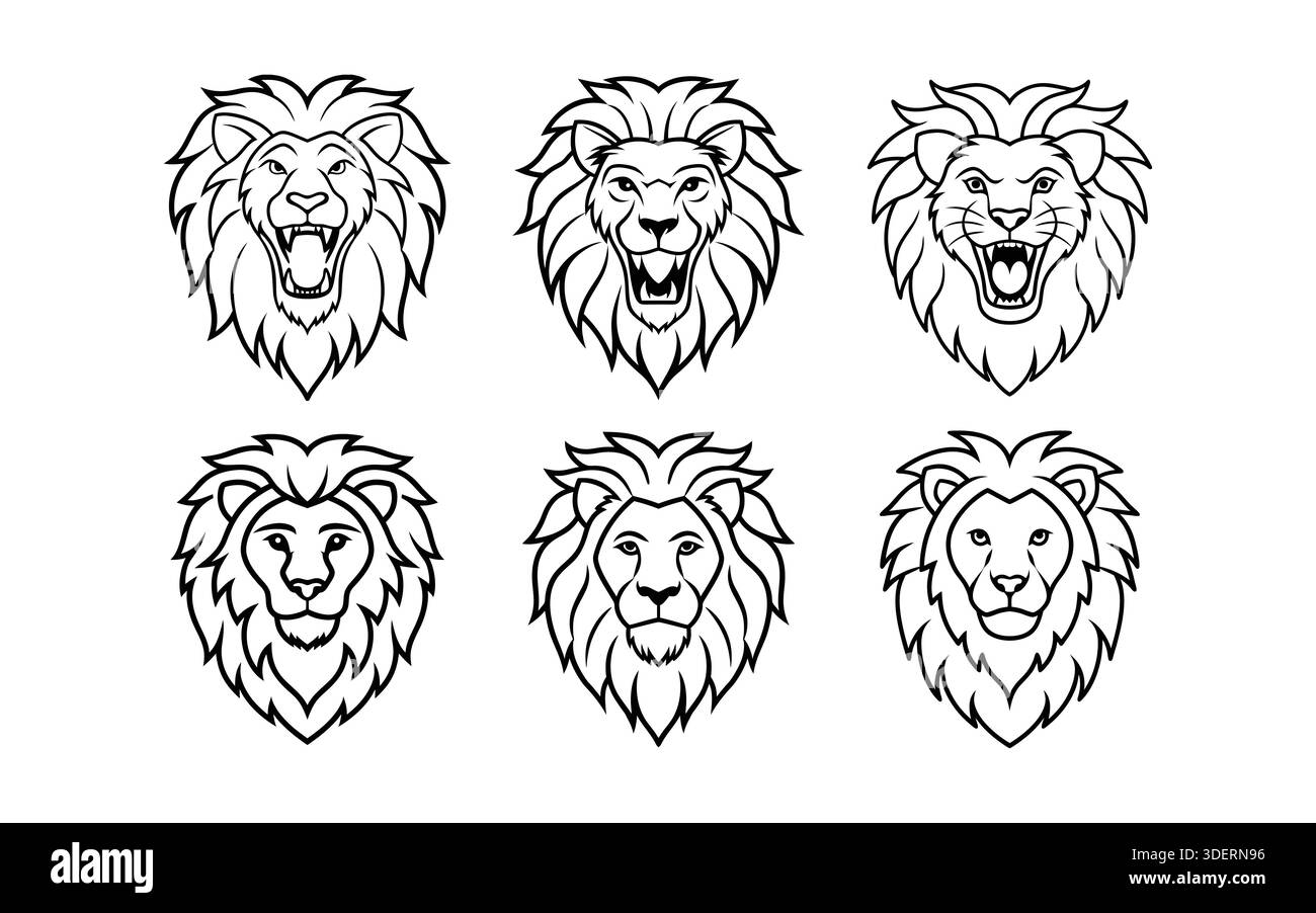 Collection of six lion head line art icons with roaring and calm ...