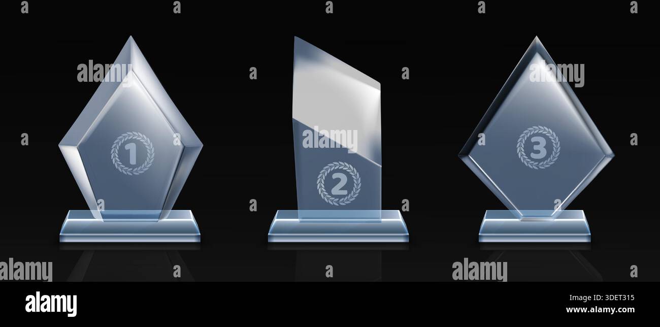Glass award trophies set with rank numbers in round laurel frames ...