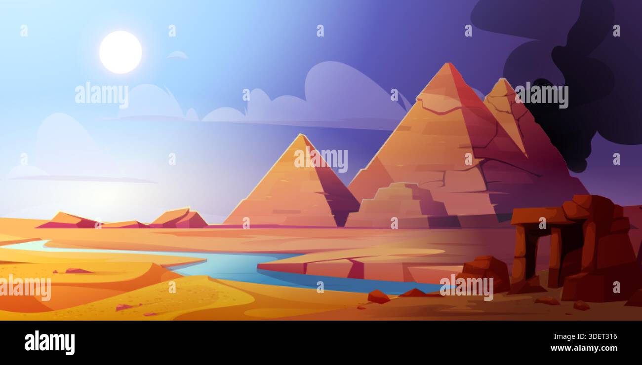 Egypt pyramid landscape with dramatic smoke clouds and ancient ruins ...
