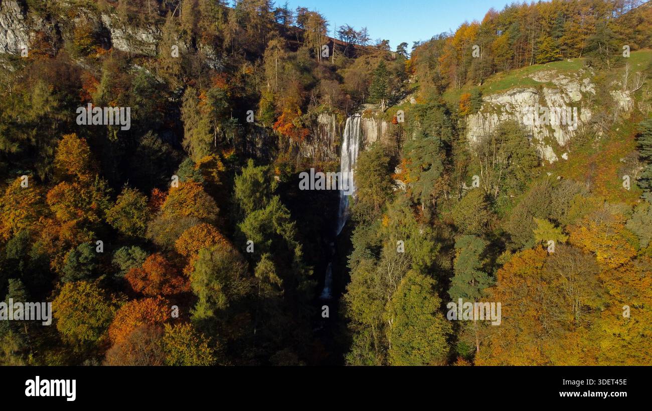 Aerial view of autumn woodland and cliffs in the Berwyn Mountains Stock ...