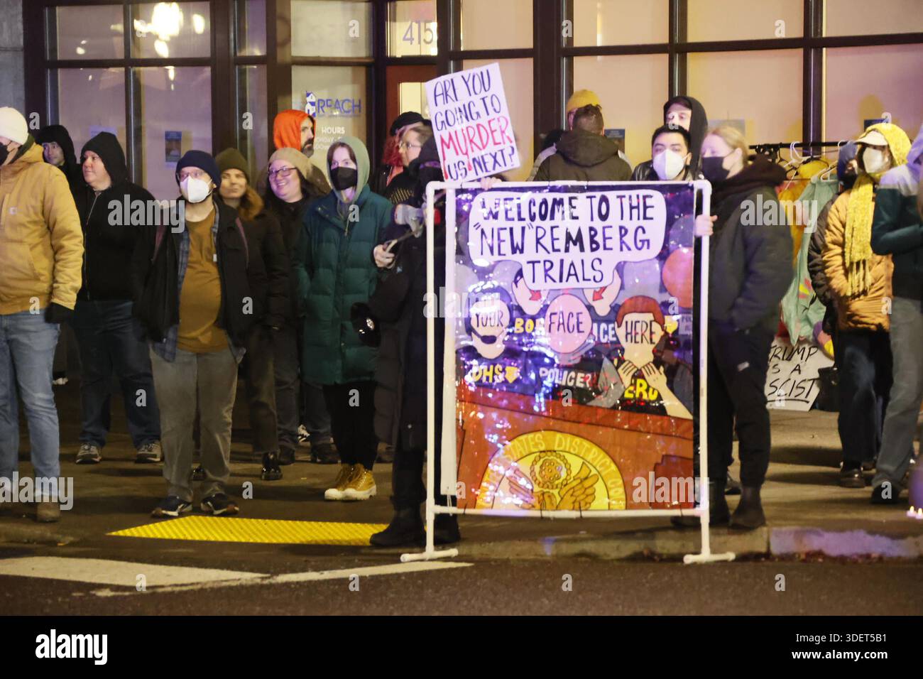 PORTLAND, OR – JANUARY 8, 2026: Protesters gathered outside the ICE ...