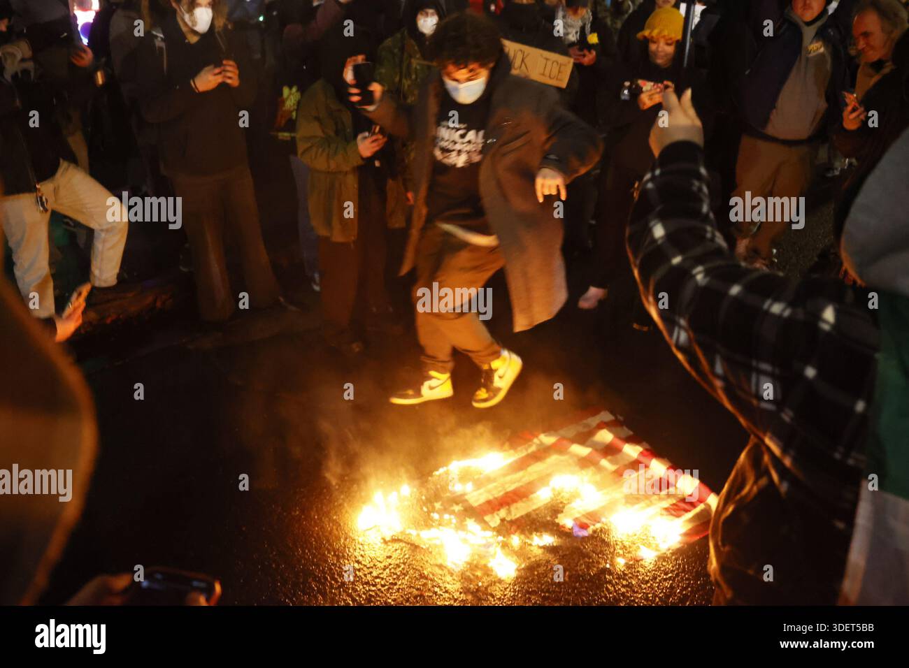 PORTLAND, OR – JANUARY 8, 2026: Protesters gathered outside the ICE ...