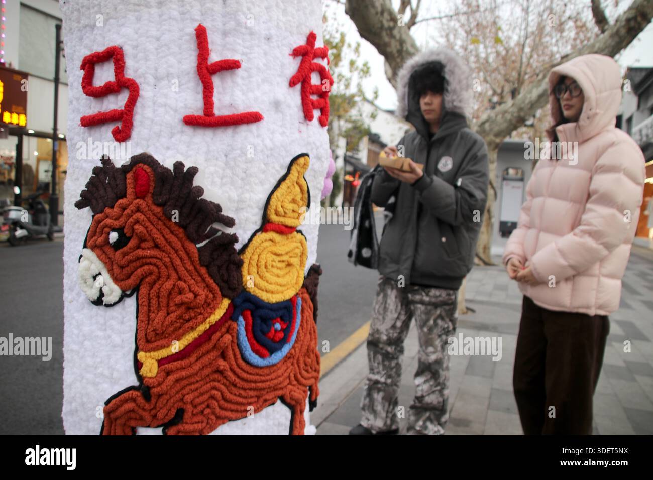 Trees decorated with colorful knitted sweaters attract attention on ...