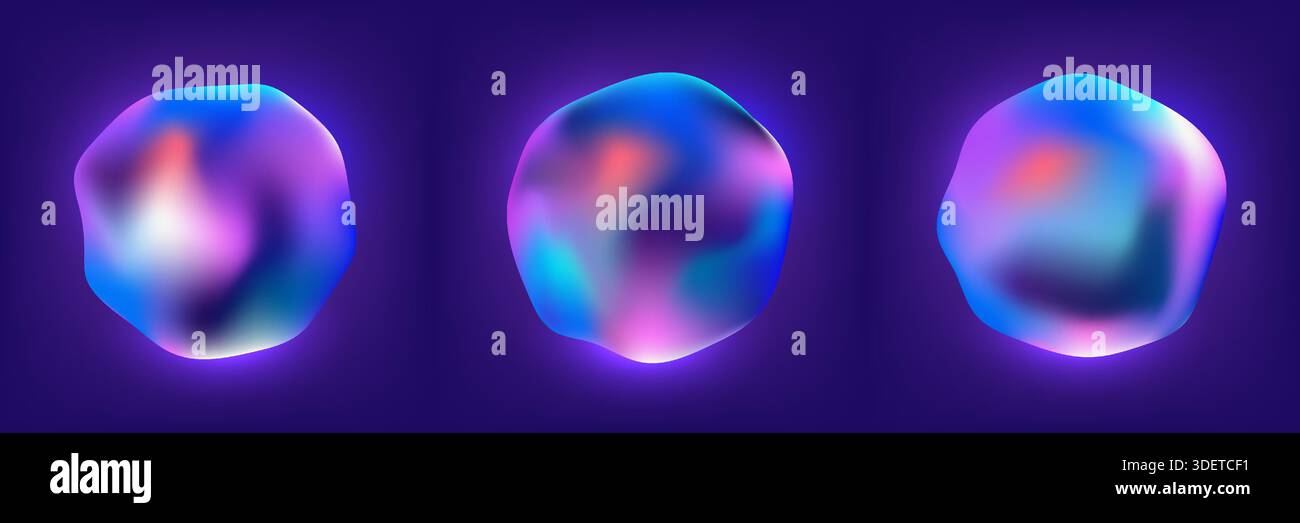 Abstract 3D fluid gradient blobs set with neon purple and blue glowing ...