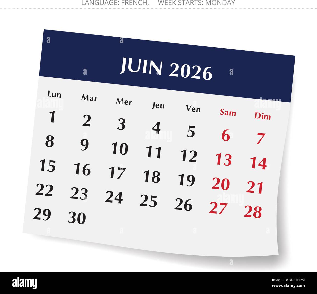 June 2026 French calendar – Juin. Monthly paper page vector ...