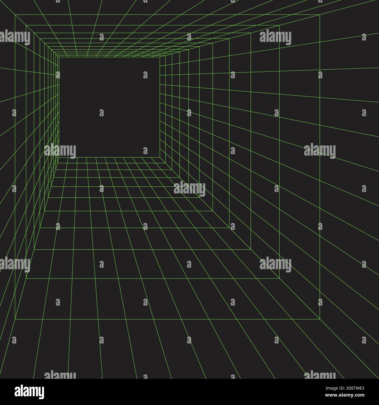 3D green wireframe. Perspective lines room. Digital background with ...