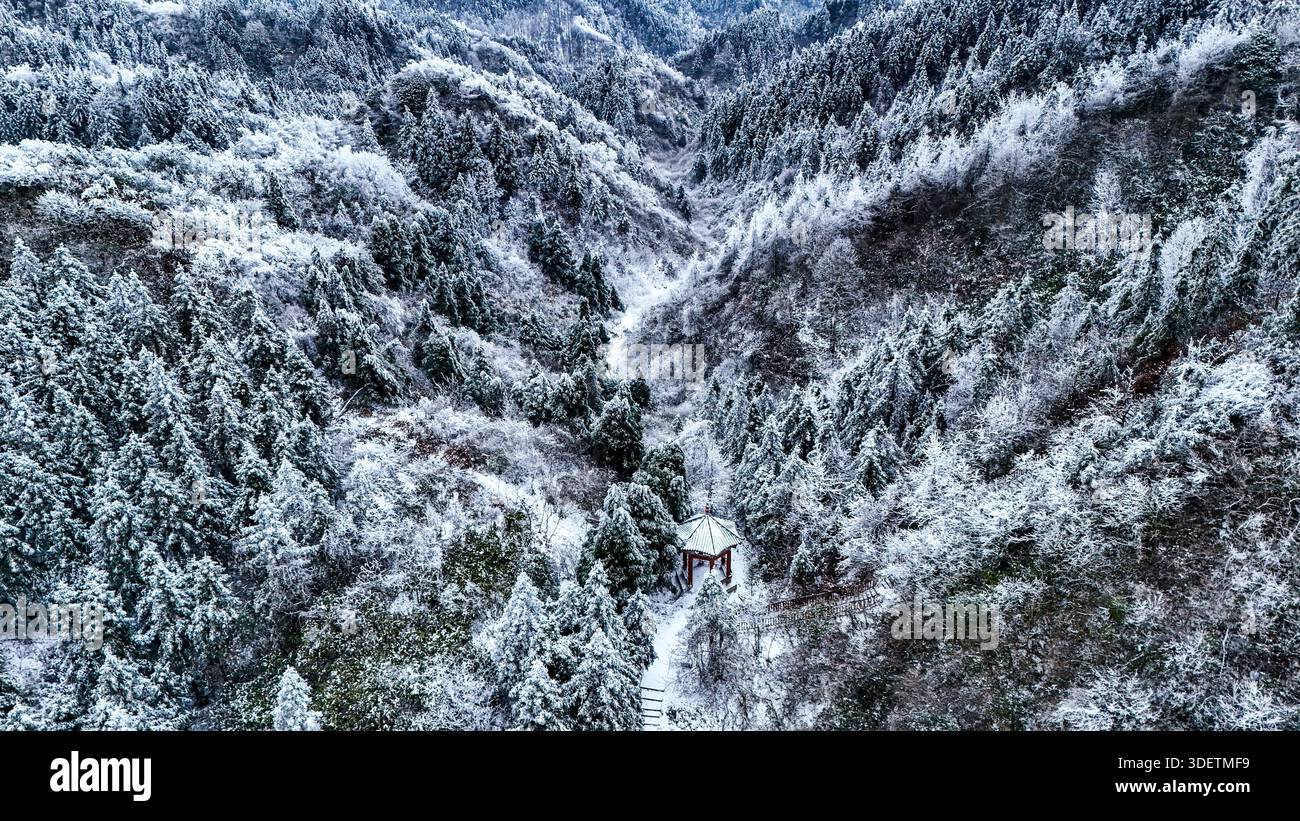 Aerial photo shows the snow-covered landscape in Youyang County ...