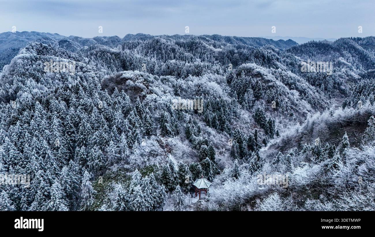 Aerial photo shows the snow-covered landscape in Youyang County ...