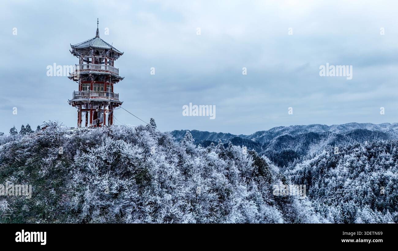 Aerial photo shows the snow-covered landscape in Youyang County ...