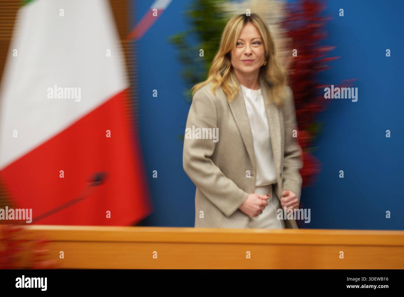 Italian Prime Minister Giorgia Meloni arrives at her annual start-of ...