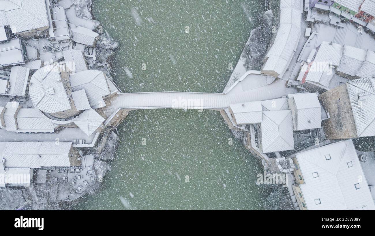 Aerial view of snow-covered Mostar on January 9, 2026. Bosnia and ...