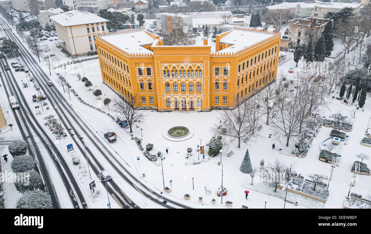 Aerial view of snow-covered Mostar on January 9, 2026. Bosnia and ...