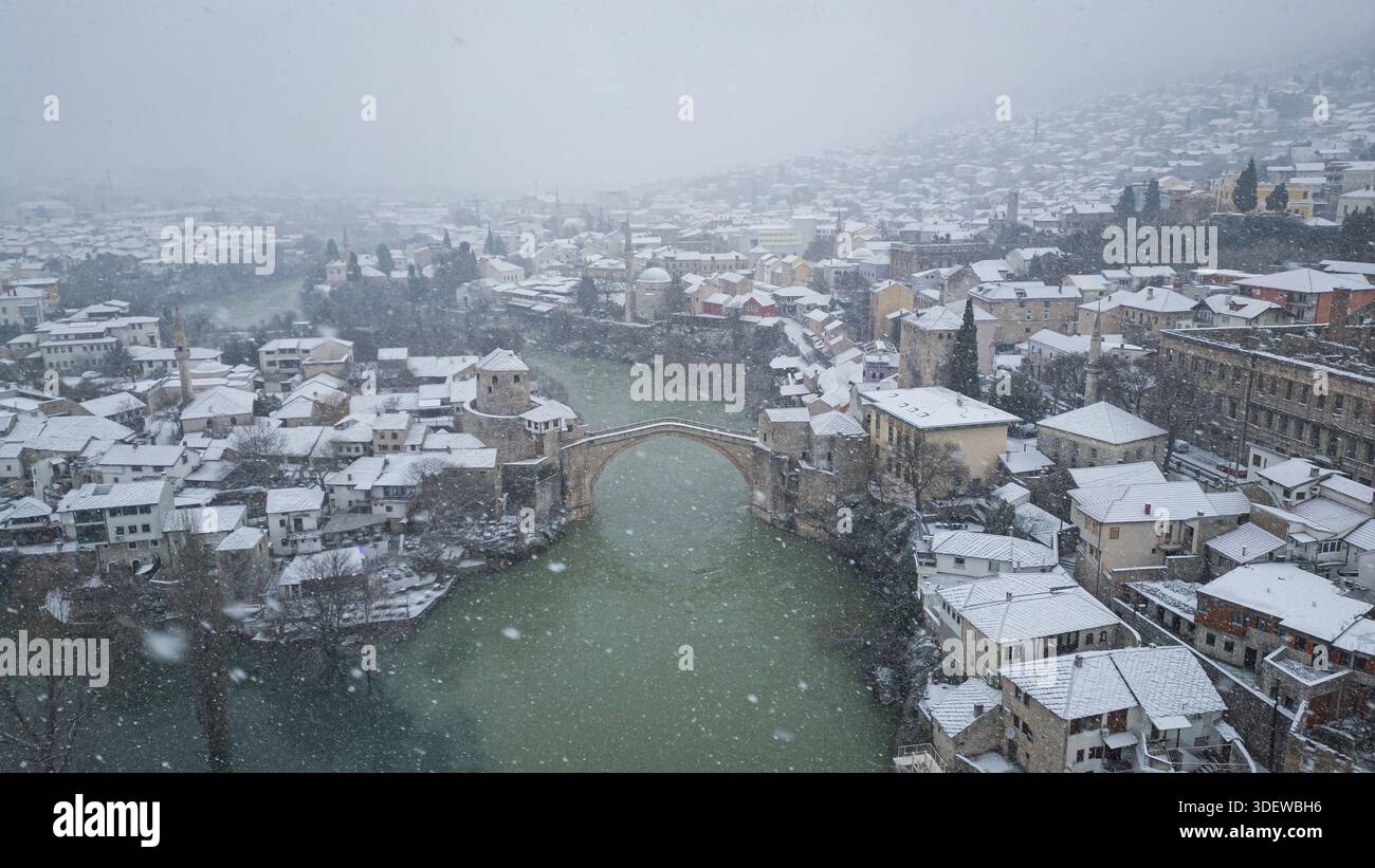 Aerial view of snow-covered Mostar on January 9, 2026. Bosnia and ...