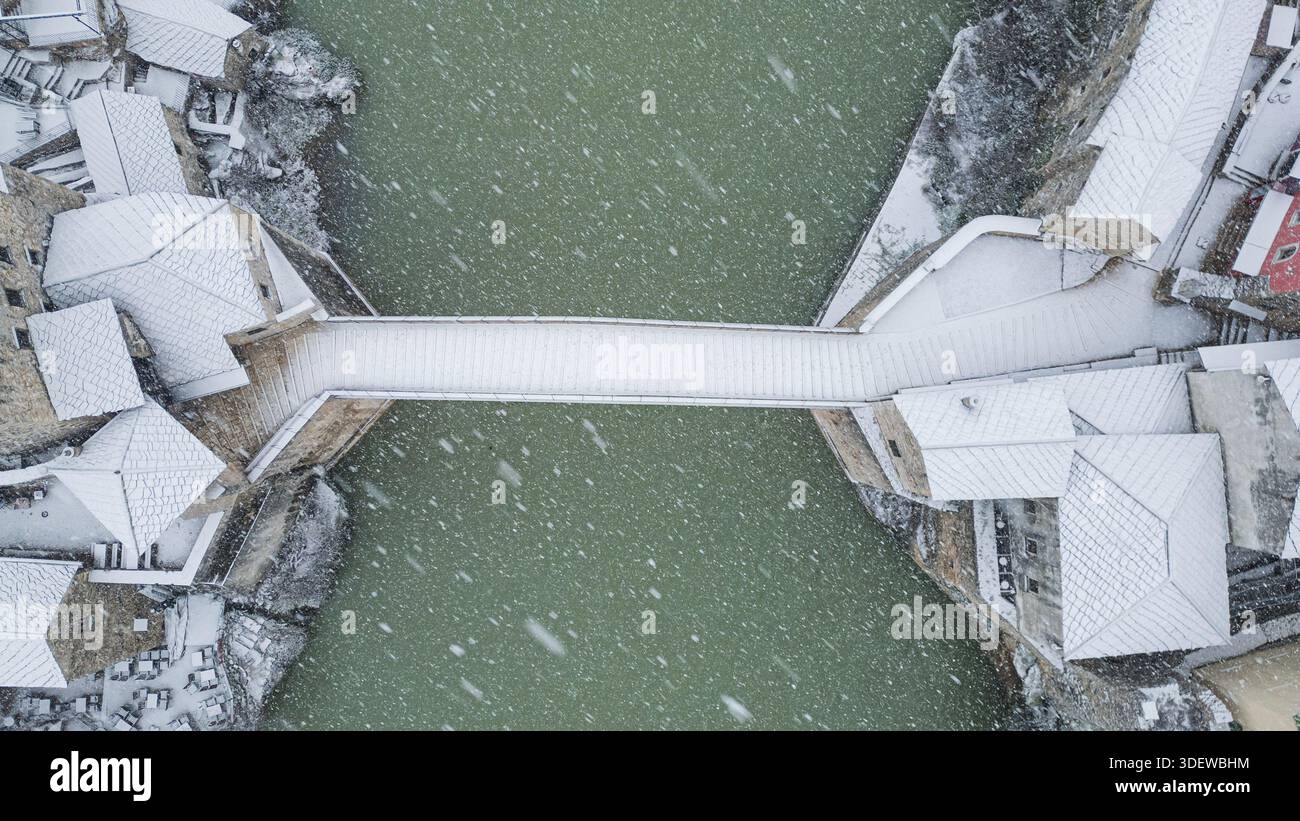 Aerial view of snow-covered Mostar on January 9, 2026. Bosnia and ...