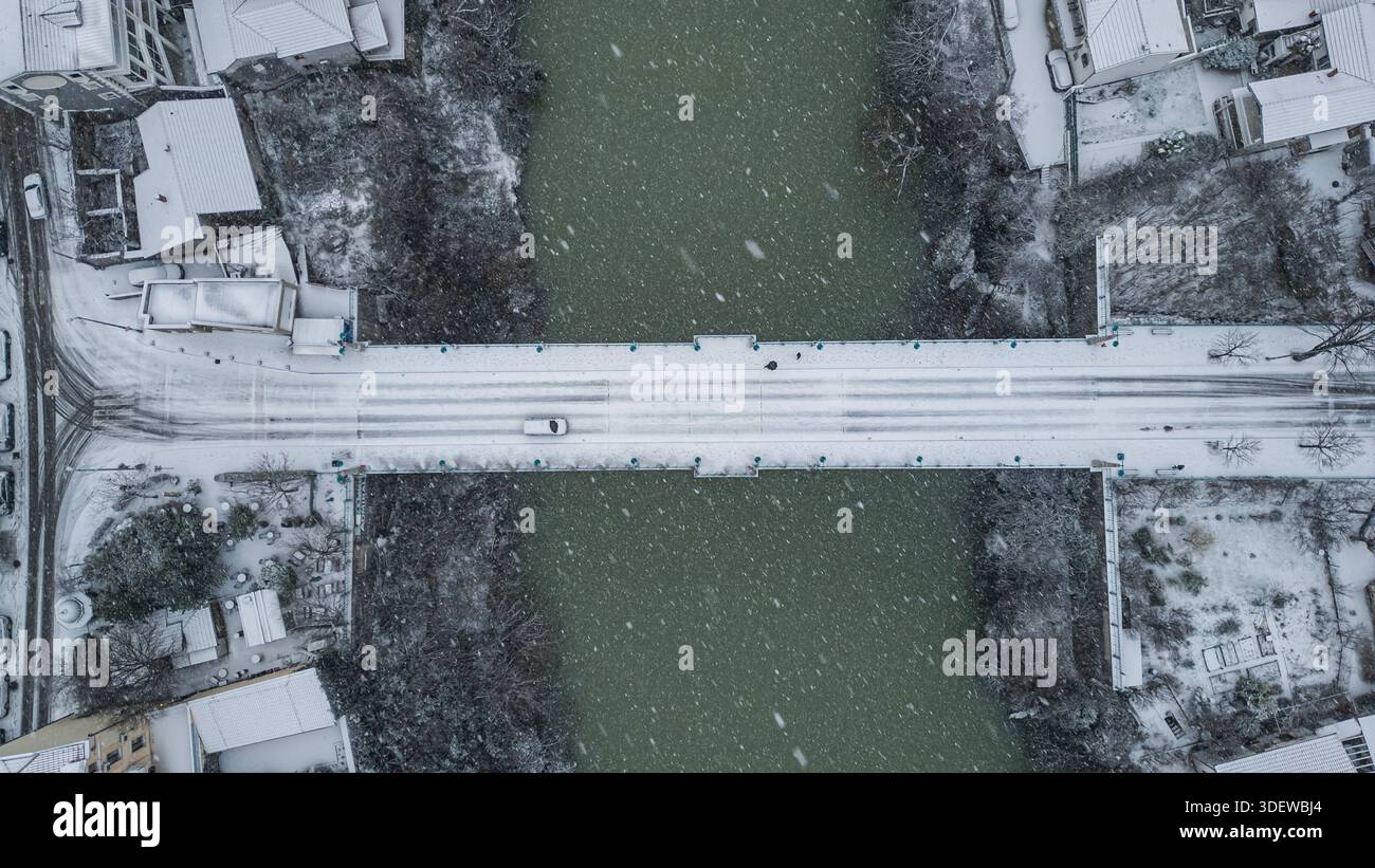 Aerial view of snow-covered Mostar on January 9, 2026. Bosnia and ...