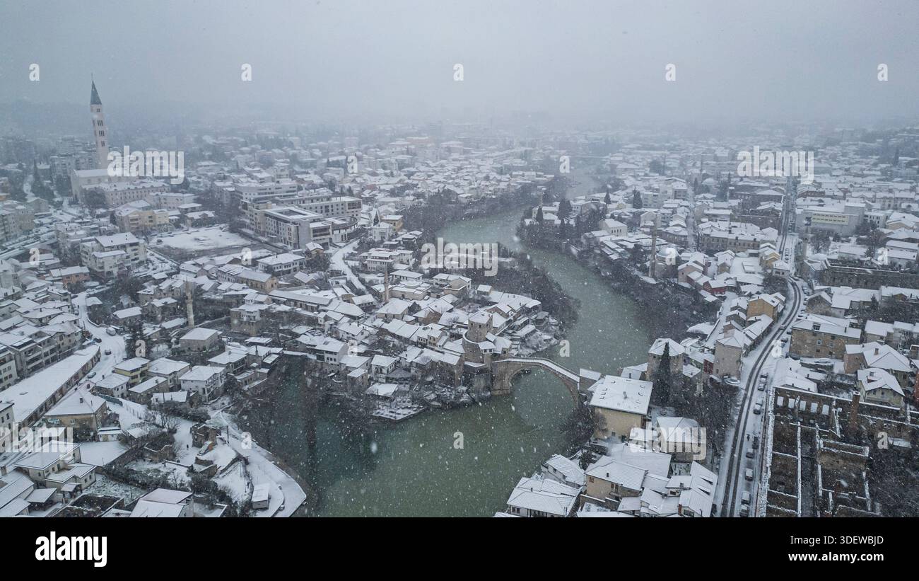 Aerial view of snow-covered Mostar on January 9, 2026. Bosnia and ...