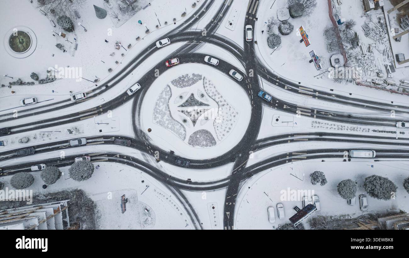 Aerial view of snow-covered Mostar on January 9, 2026. Bosnia and ...