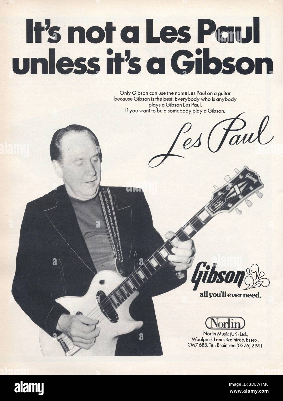Les Paul Gibson advert, mono. Photo of Paul playing Gibson. 1977 Stock ...