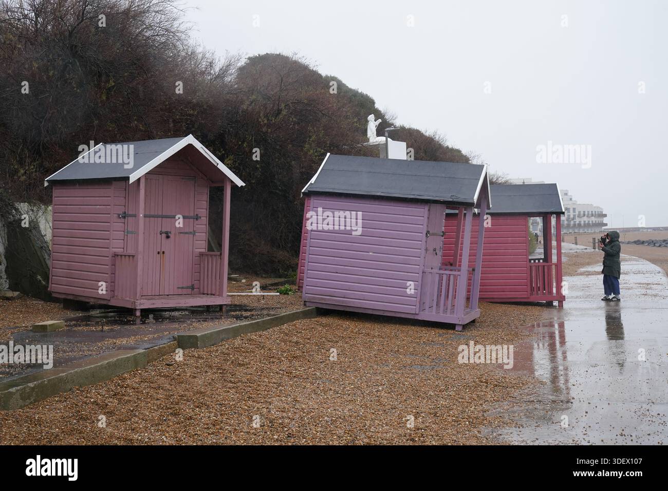 Beach huts damage by high winds in Folkestone, Kent. Storm Goretti ...