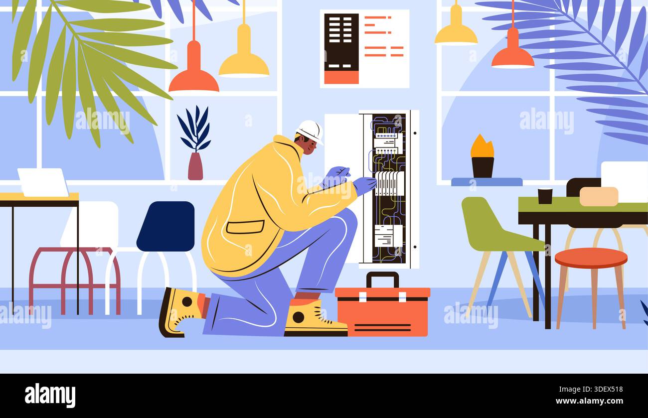 Electrician working electrical panel modern office tools plants ...