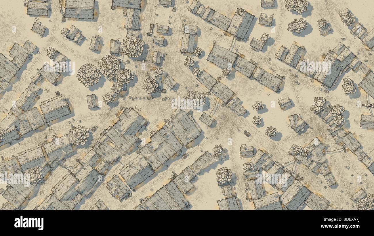 A detailed top-down map style illustration showing a ruined village ...