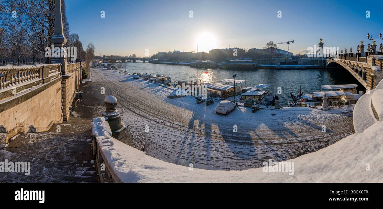 Paris, France - 01 06 2026: Snow flakes. Panoramic view of Alexander ...