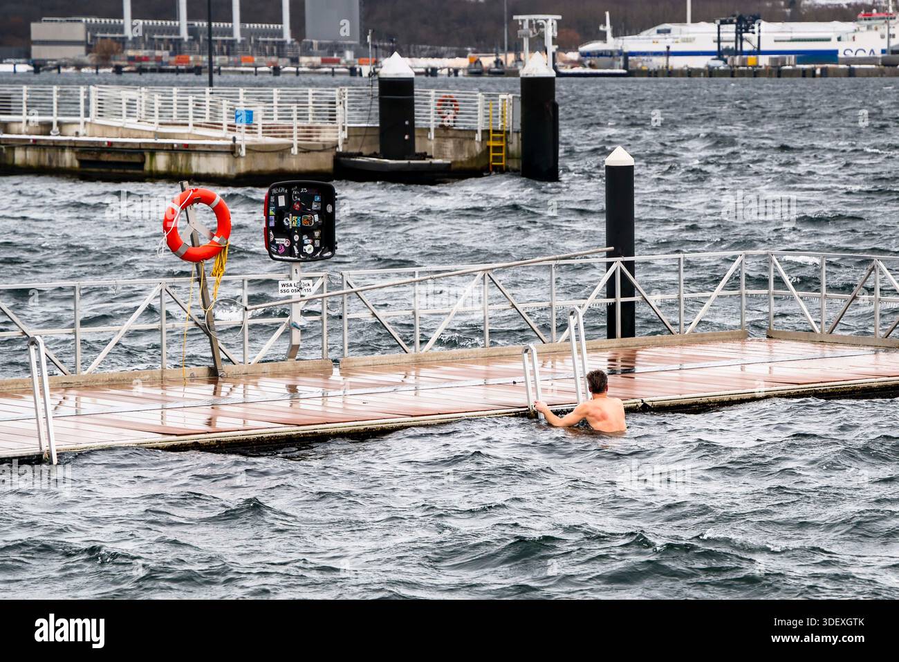 09 January 2026, Schleswig-Holstein, Strande: A sauna-goer takes a dip ...