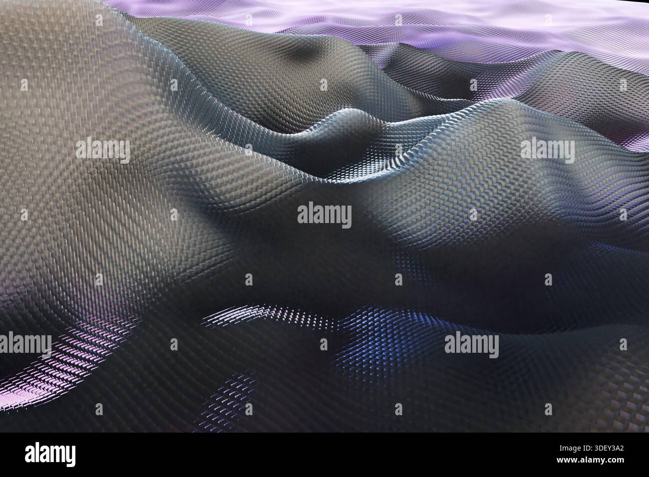 A futuristic 3D mesh surface forms wave patterns with purple and blue ...