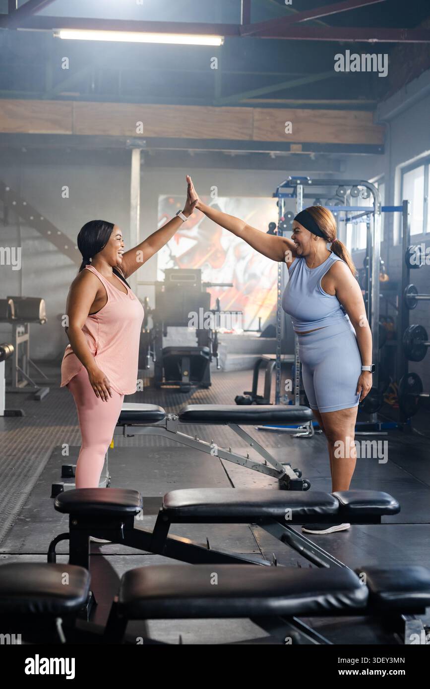 Diverse female friends high-fiving while training at commercial gym ...